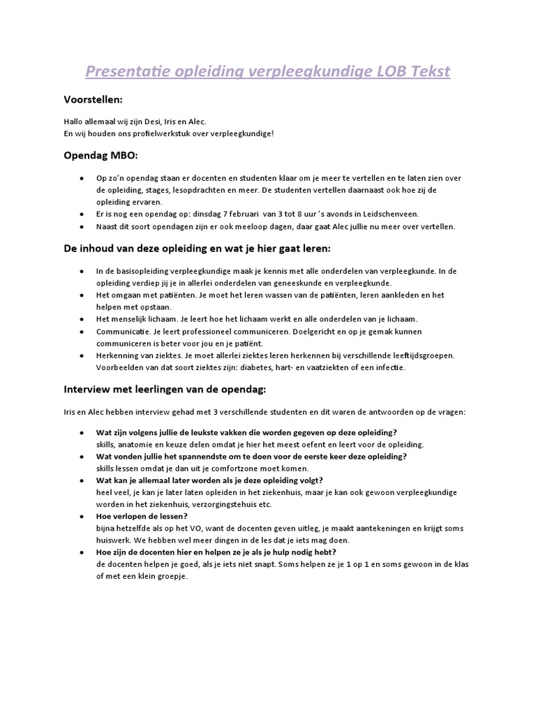 Presentatie Opleiding Verpleegkundige LOB Tekst | PDF