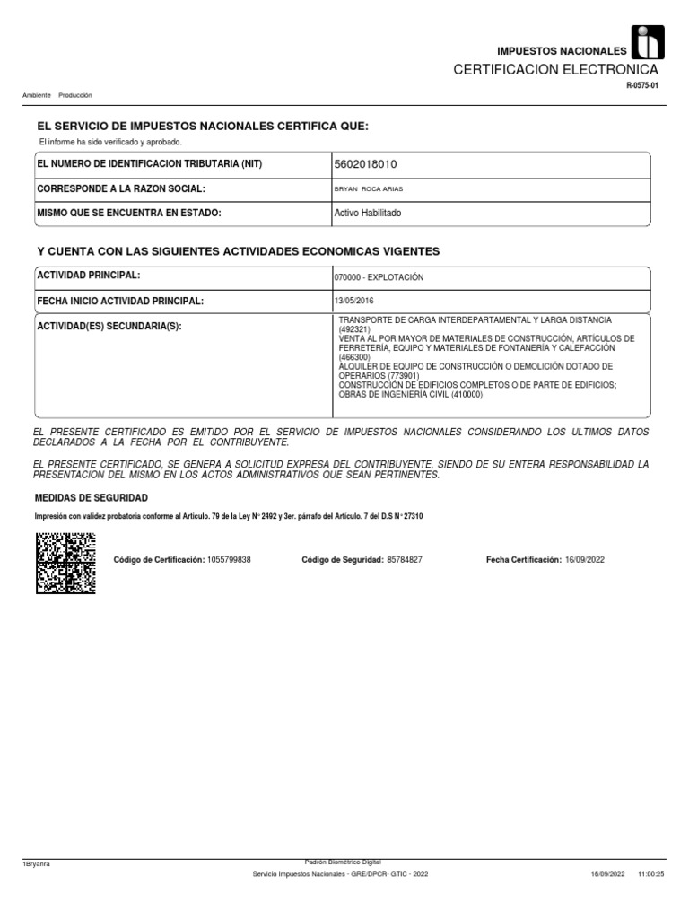 Certificacion Electronica Nit Septiembre 2022 | PDF