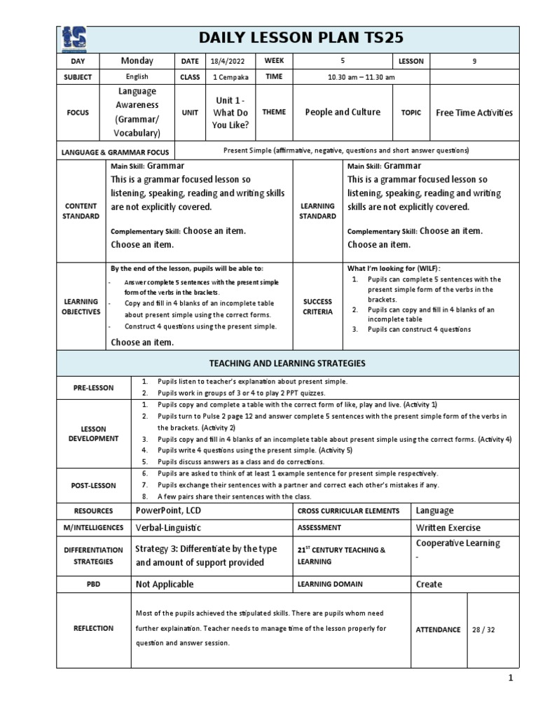 Contoh Rph Pdf Lesson Plan Subject Grammar