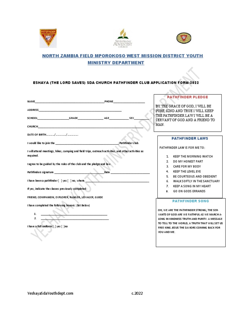 Pathfinder Application Form | PDF | Seventh Day Adventist Church ...