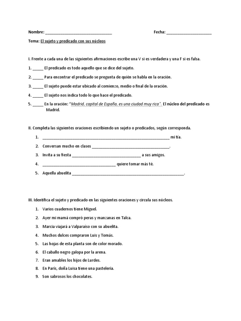 Ejercicios de Sujeto y Predicado | PDF