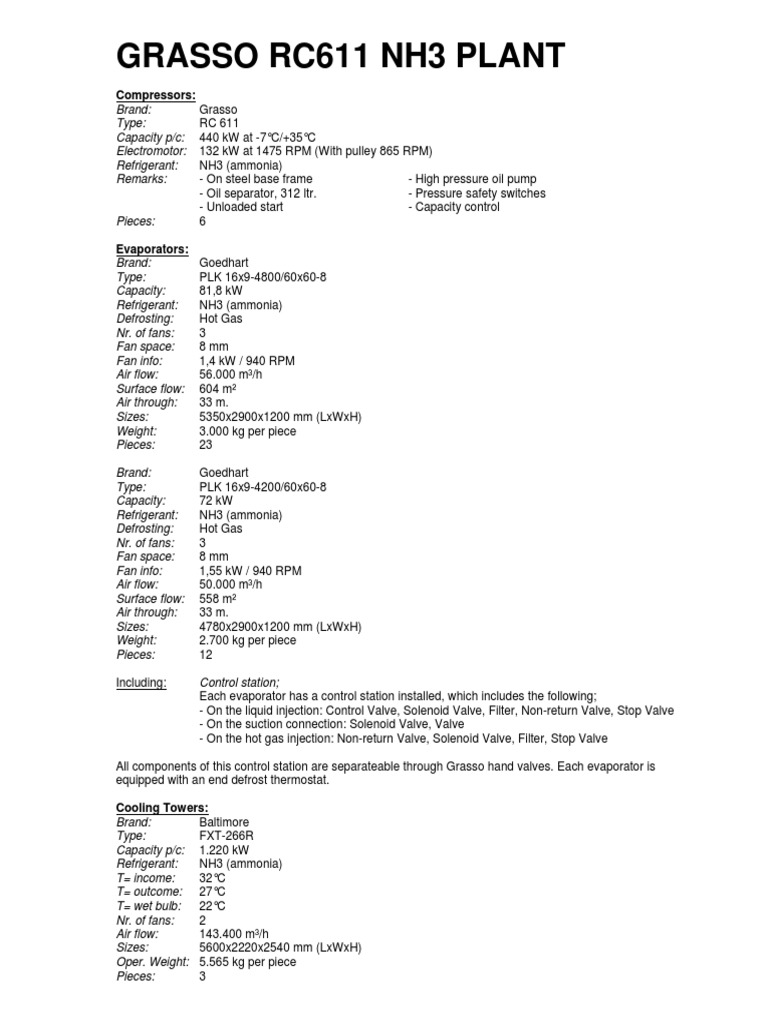 Grasso RC611 NH3 Plant Specifications | PDF | Valve | Pump