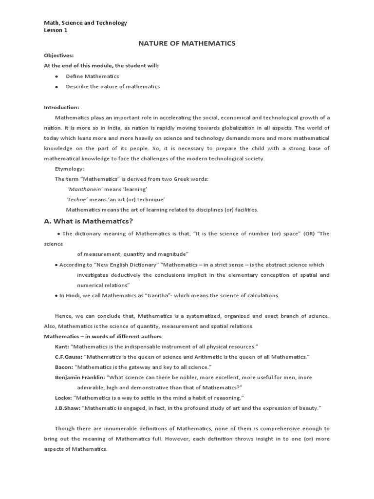 MST Week 1 Lesson 1 NATURE OF MATHEMATICS | PDF | Mathematics | Deductive Reasoning