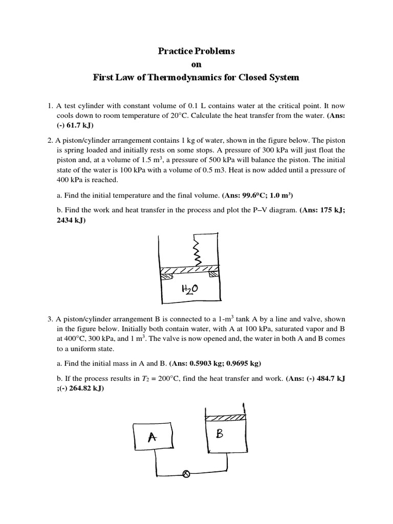 First Law Thermodynamics Practice Problems | PDF | Water | Piston