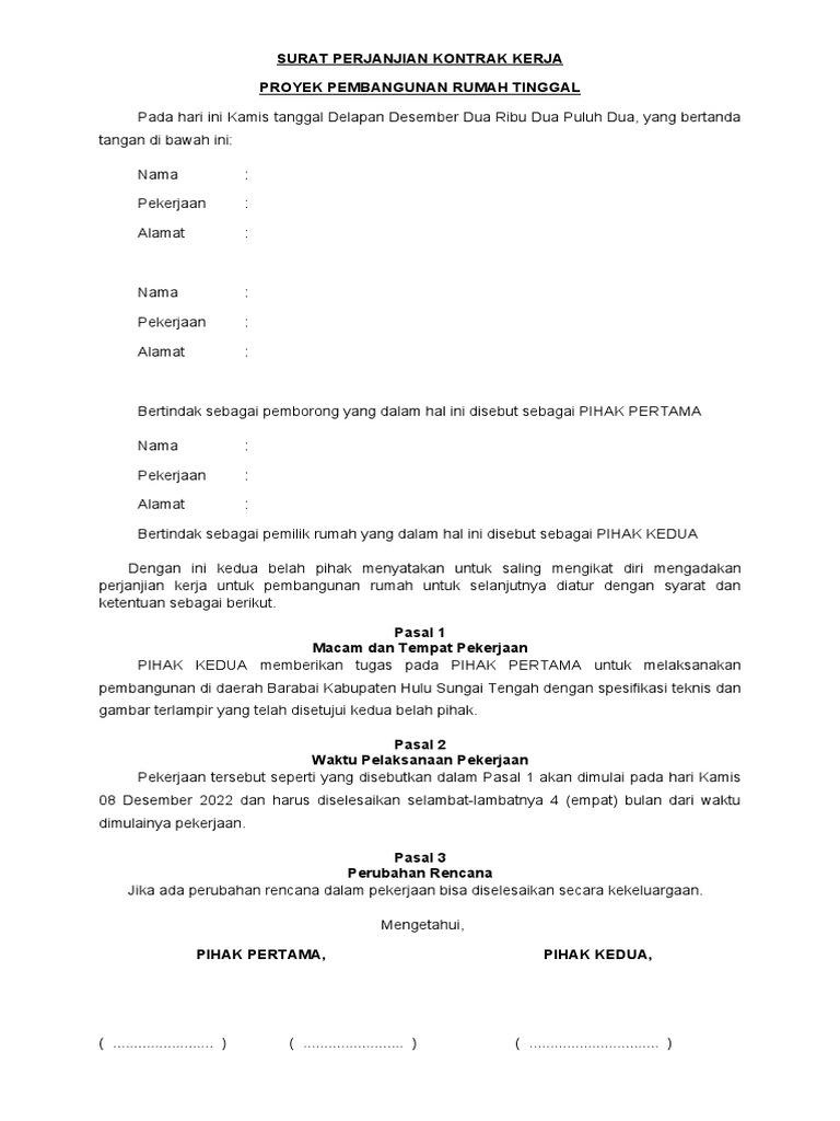 Surat Perjanjian Kontrak Kerja Bangunan | PDF