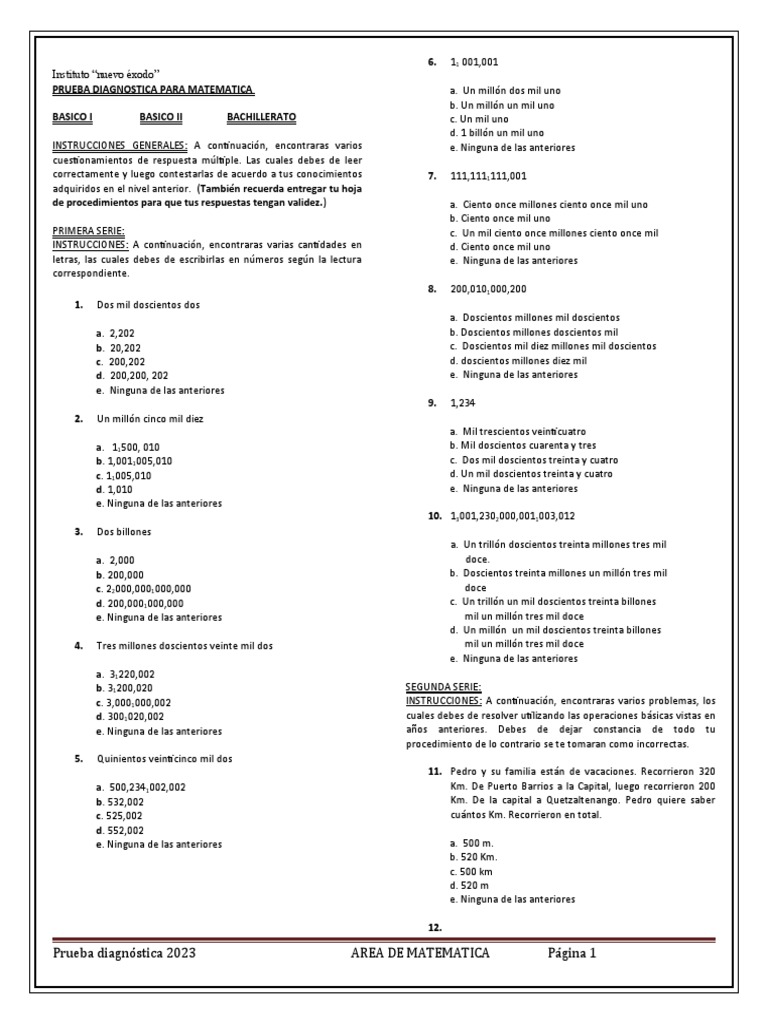 Prueba Diagnostica de Matematica Basico I, Basico II y Bachillerato ...