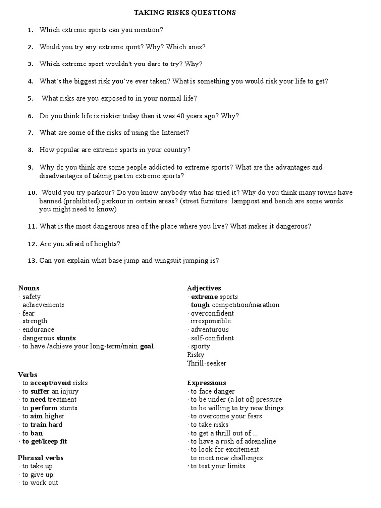 Are You A Risk Taker Questions Dialogue and or Monologue | PDF ...