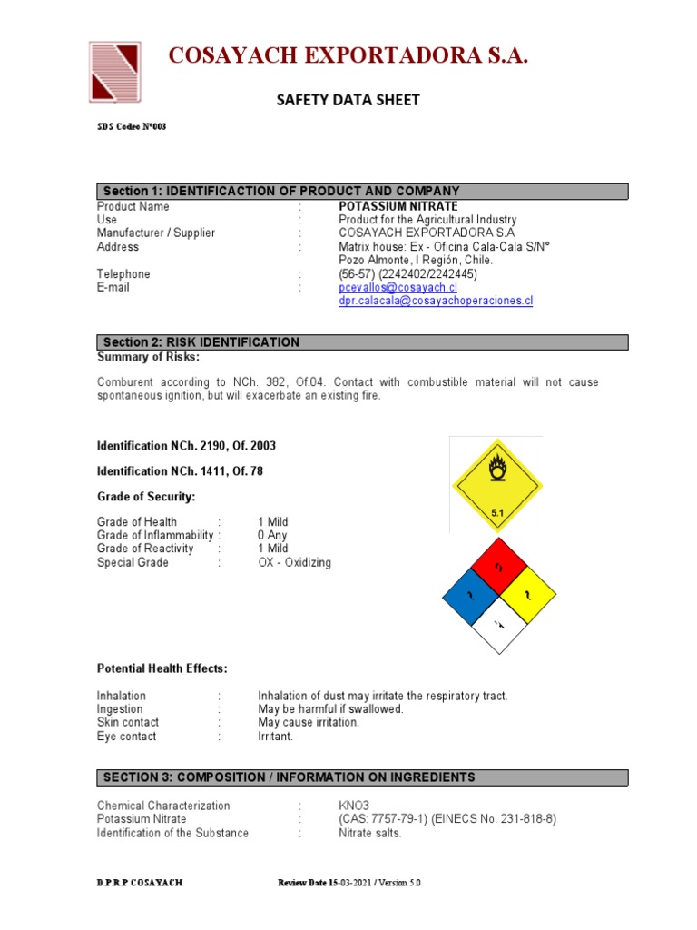 Hoja de Seguridad KNO3 Inglés v.05 | PDF | Physical Sciences | Chemistry