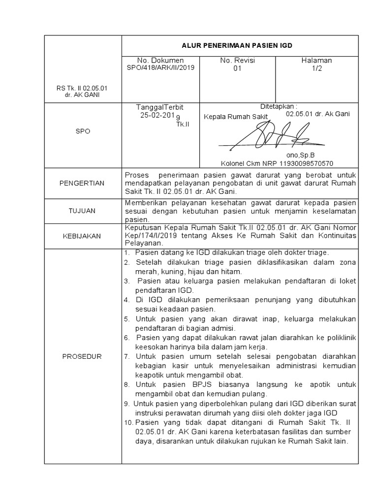 SPO Alur Penerimaan Pasien Igd | PDF
