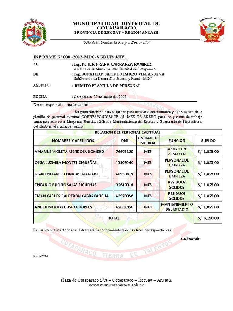 Informe 8-Remito Planilla | PDF