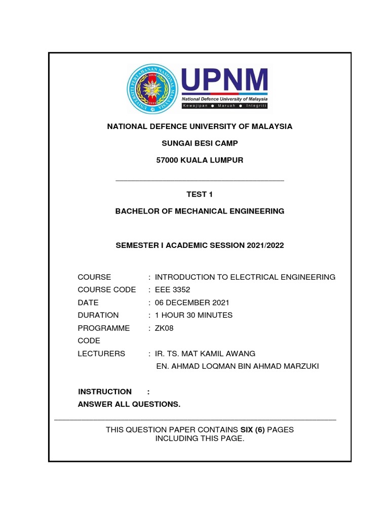 Electrical Engineering Test Paper EEE3352 | PDF | Capacitor ...