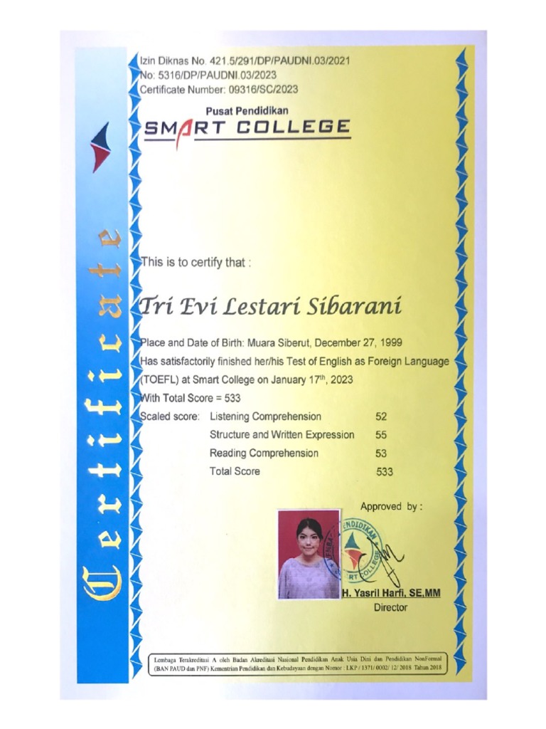 SERTIFIKAT TOEFL - Tri Evi Lestari Sibarani | PDF