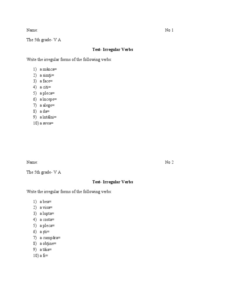 Test-Irregular Verbs | PDF