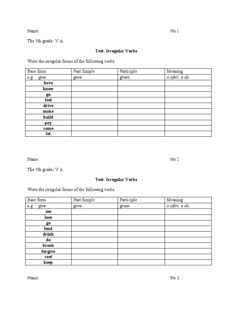Test Irregular Verbs 2 Pdf