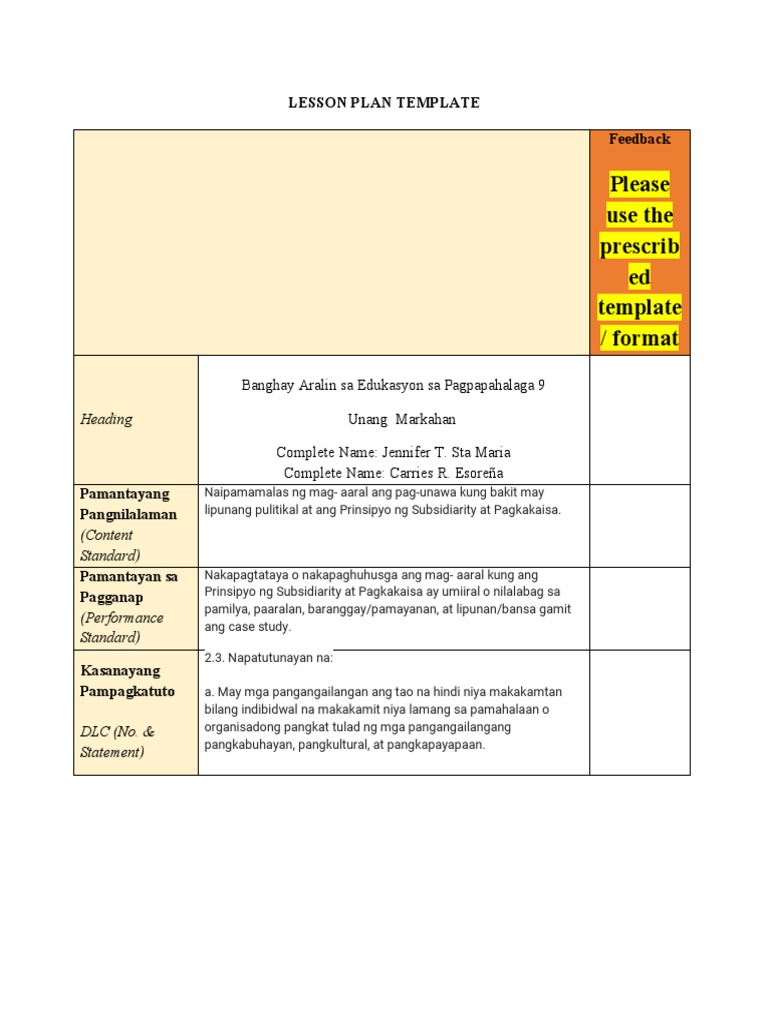 Please Use The Prescrib Ed Template / Format: Lesson Plan Template Feedback | PDF