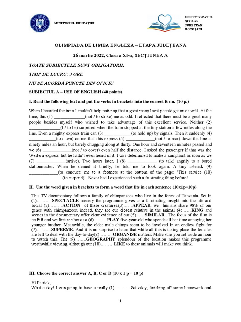 Subiect Clasa A XI Sectiunea A | PDF | Employment