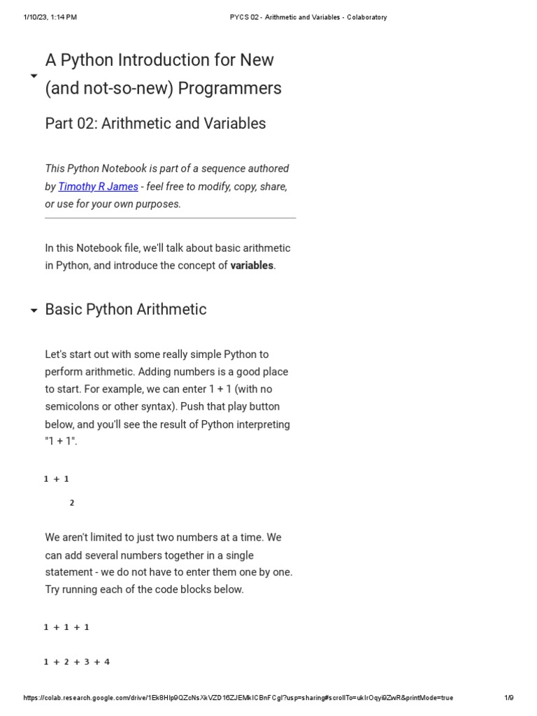 Pycs 02 Arithmetic And Variables Colaboratory Pdf Variable Computer Science Python