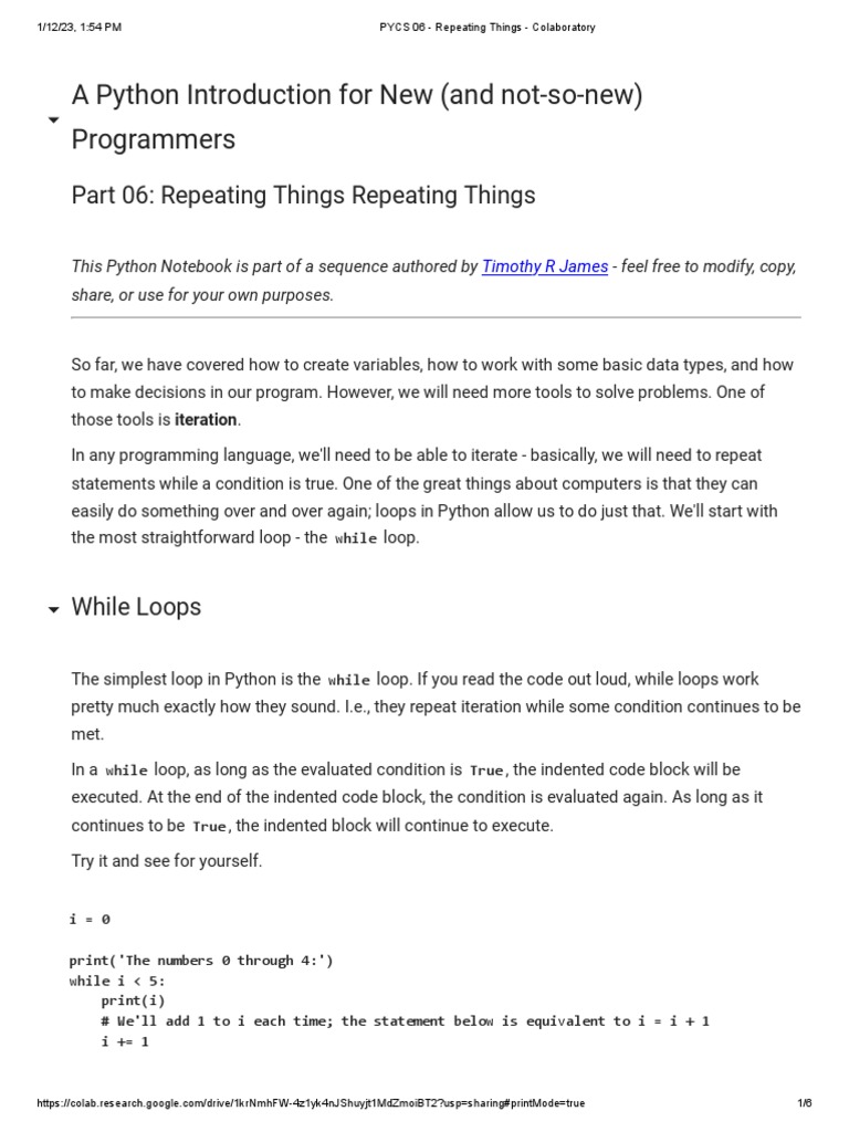 PYCS 06 - Repeating Things - Colaboratory | PDF | Control Flow | Python (Programming Language)