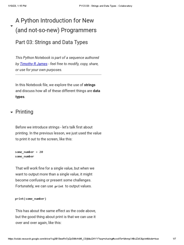 Pycs 03 Strings And Data Types Colaboratory Pdf Integer Computer Science String 