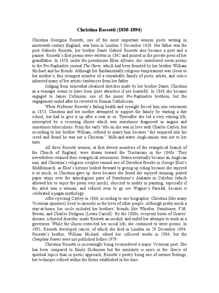 Christina Rossetti (Biography and Winter My Secret) | PDF