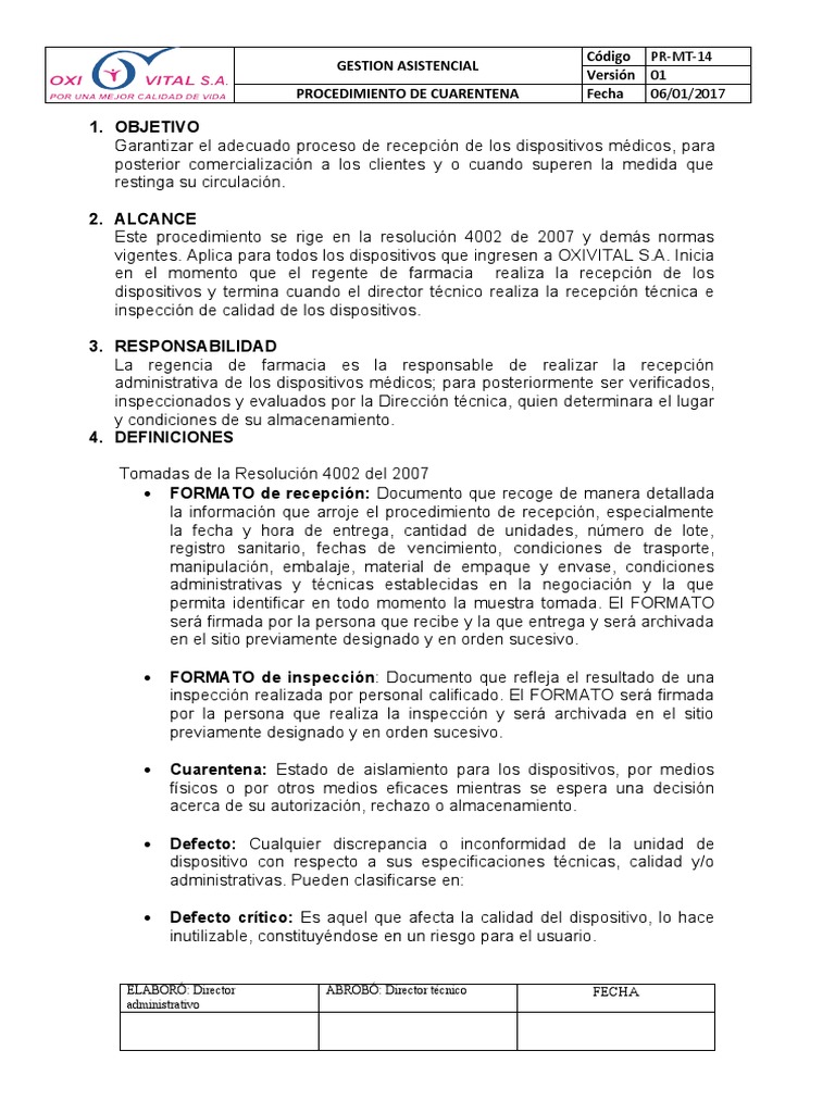Procedimiento de Cuarentena de Dispositivos Médicos | PDF | Farmacia