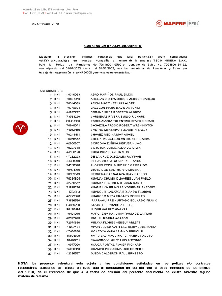 Constancia Del SCTR Vida y Salud | PDF | Servicios financieros | Bancario