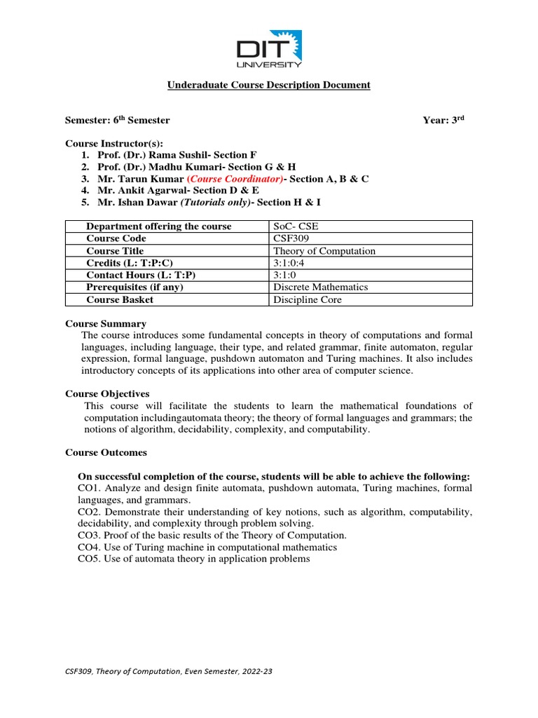 CSF309 Course Description Document | PDF | Automata Theory | Theory Of Computation