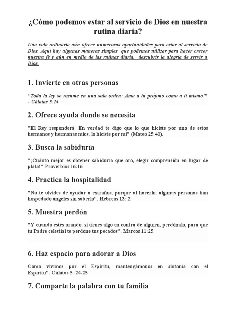 Resumen Cómo Podemos Estar Al Servicio de Dios en Nuestra Rutina Diaria | PDF | Creencia ...