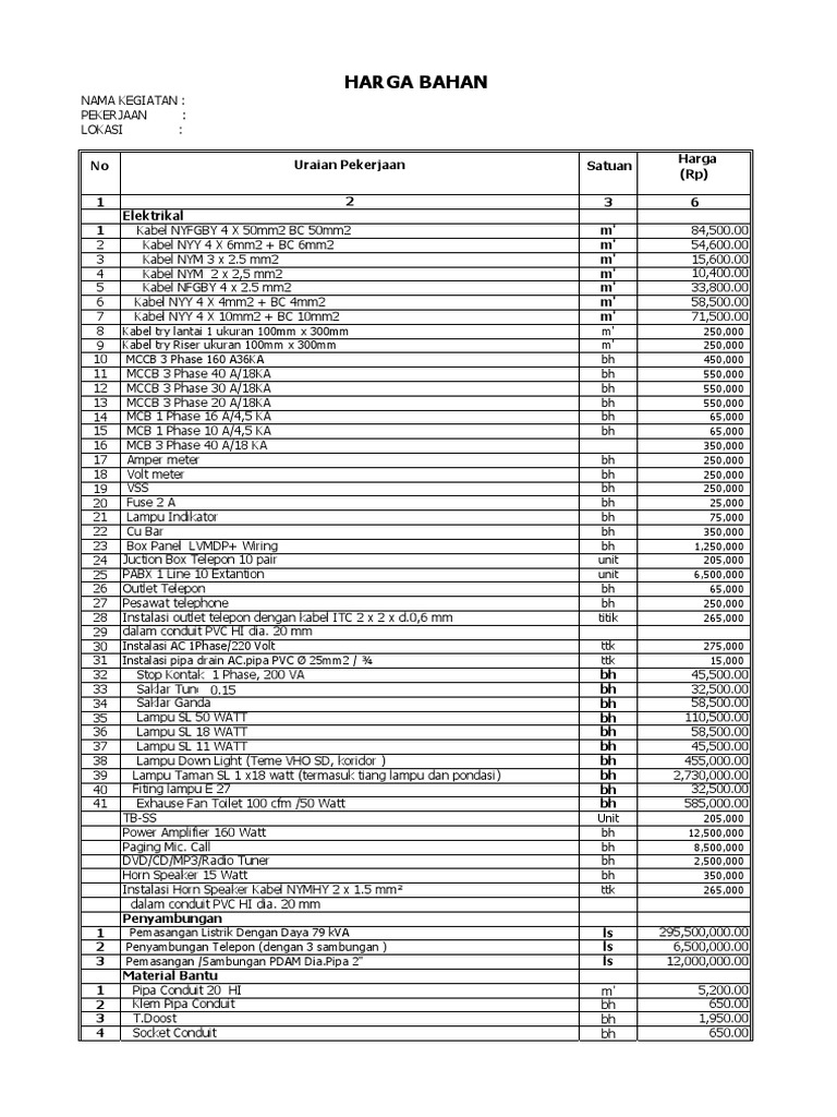Daftar Harga Material Elektrikal dan Instalasi | PDF