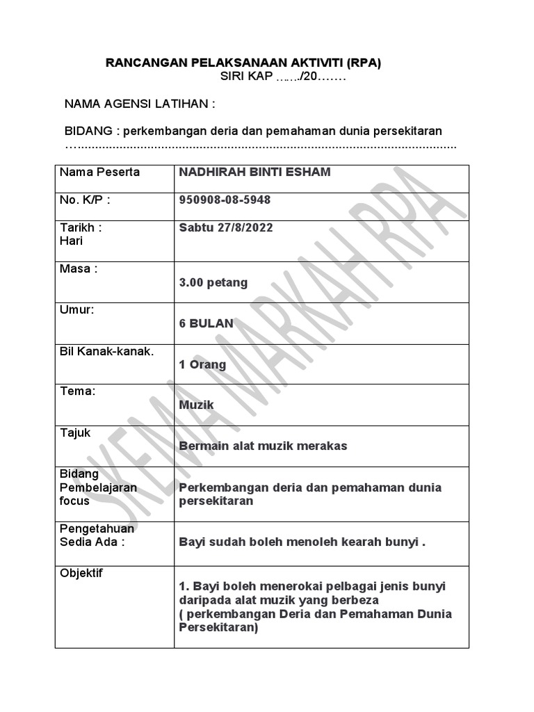Rpa Perkembangan Deria Dan Pemahaman Dunia Persekitaran (Nadhirah) | PDF
