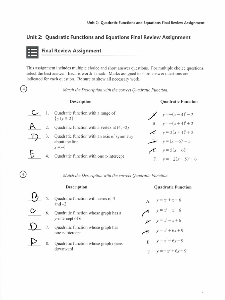 2.5 FINAL REVIEW ASSIGNMENT Quadratic Functions and Equations | PDF ...