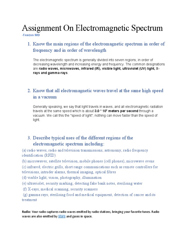 Assignment On Electromagnetic Spectrum | PDF | Electromagnetic Spectrum | Electromagnetic Radiation