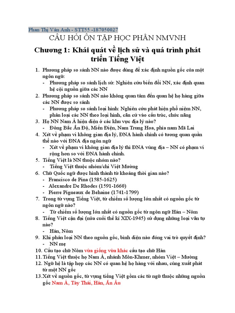 Câu Hỏi Ôn Tập Học Phần Nmvnh | PDF