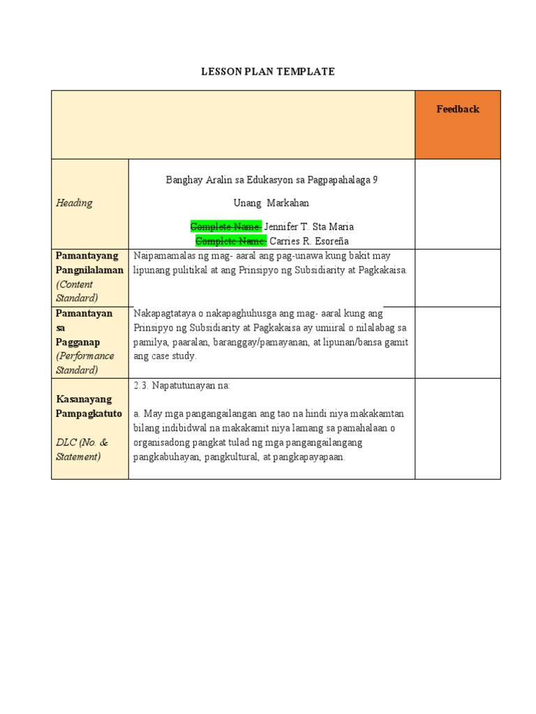 Lesson Plan Template Feedback | PDF