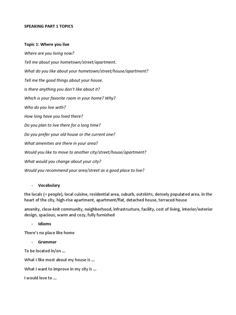 Speaking Part 1 - Common Topics and Vocabulary | PDF
