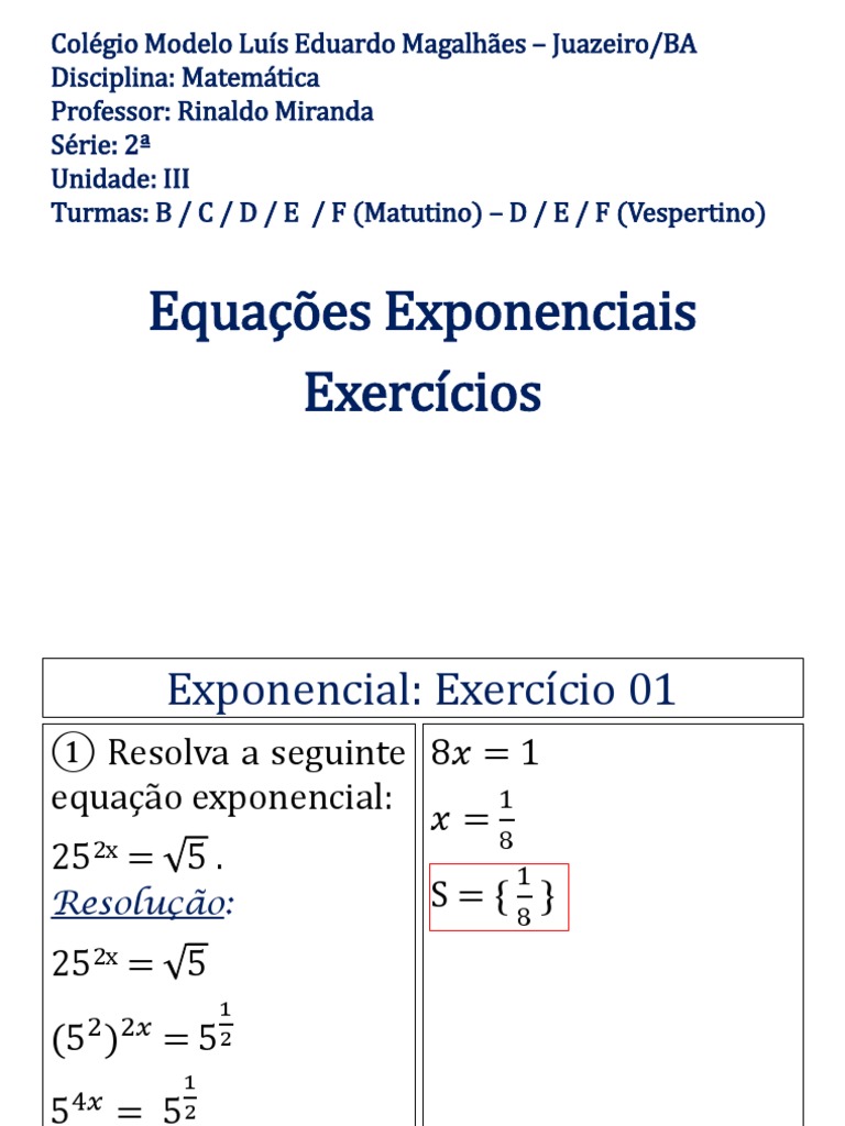 Equações Exponenciais Exercícios Resolvidos Pdf Álgebra Aritmética