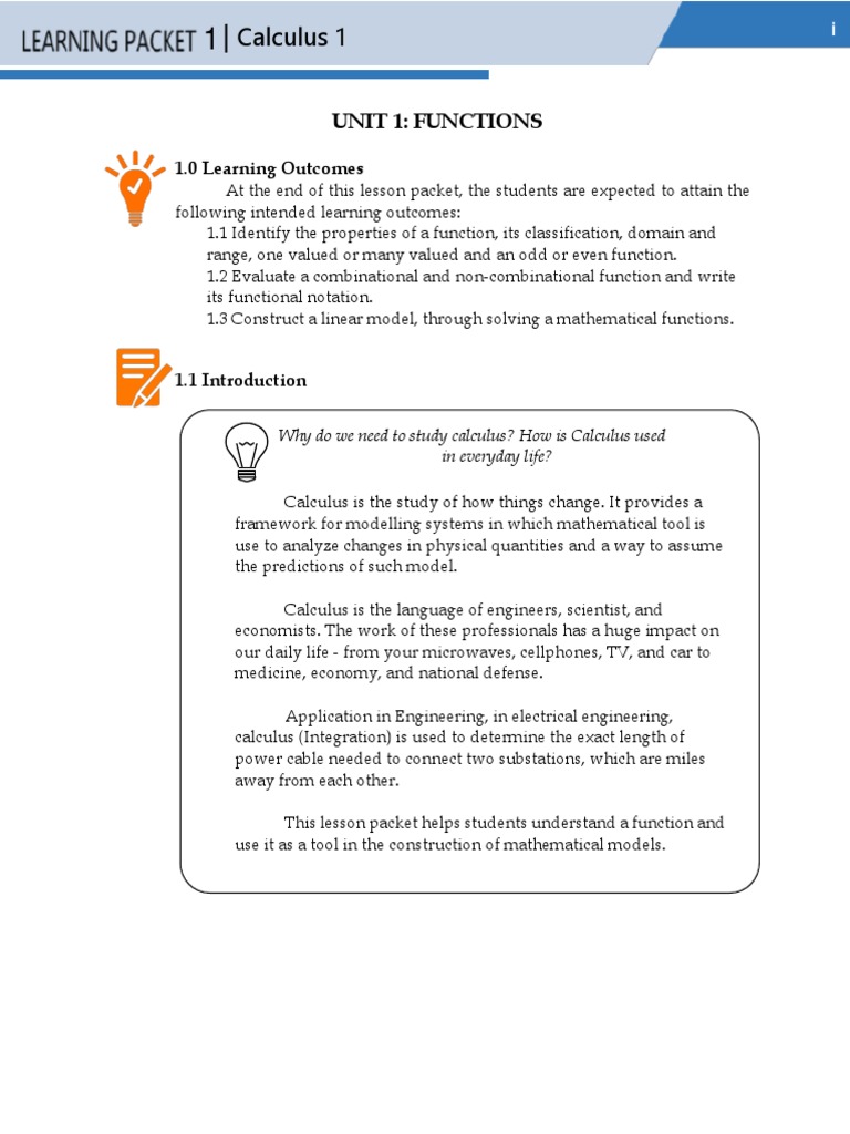LP1 Math1 Unit1 Edited-082321 | PDF | Function (Mathematics) | Calculus