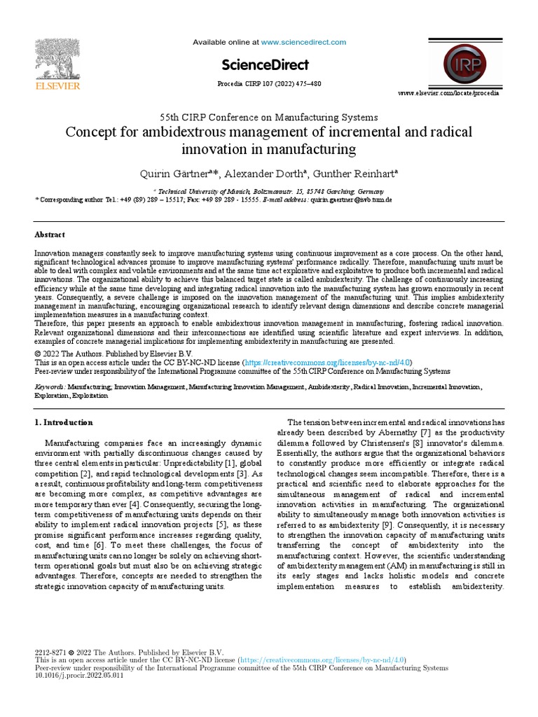 Concept For Ambidextrous Management of Incremental and Radical Innovation in Manufacturing | PDF ...