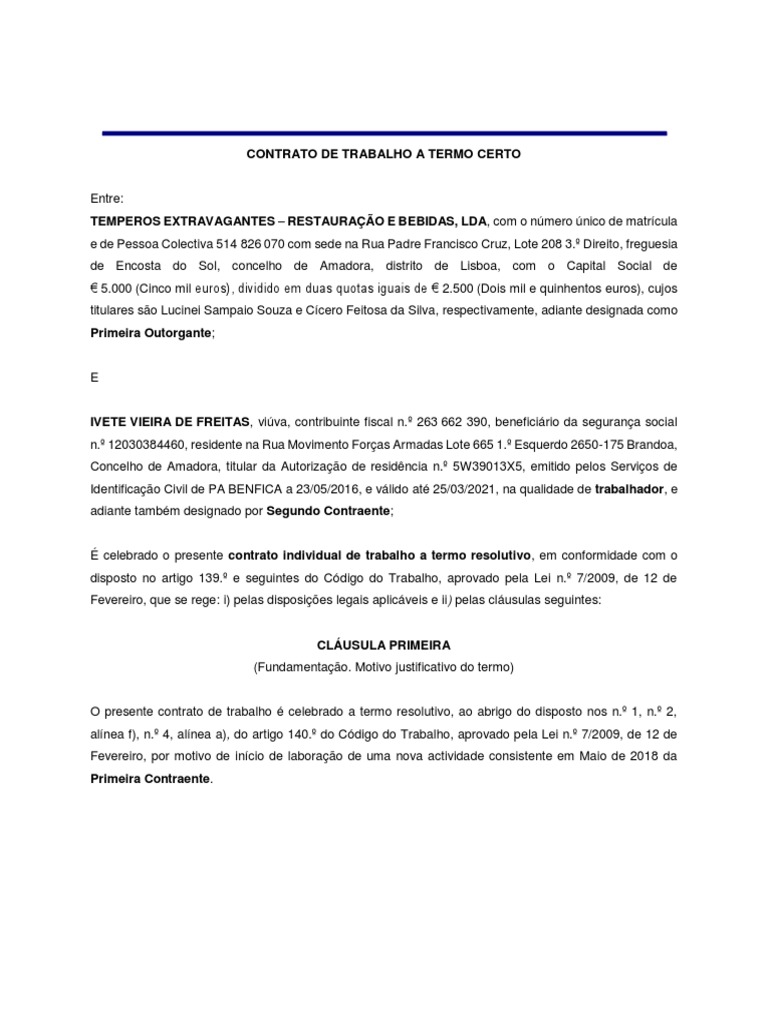 Contrato de trabalho a termo para cozinheira | PDF | Férias trabalhistas | Direito Comum