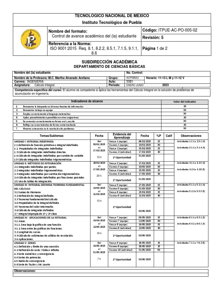 Control de Avance Académico Del Estudiante | PDF | Integral | Análisis matemático