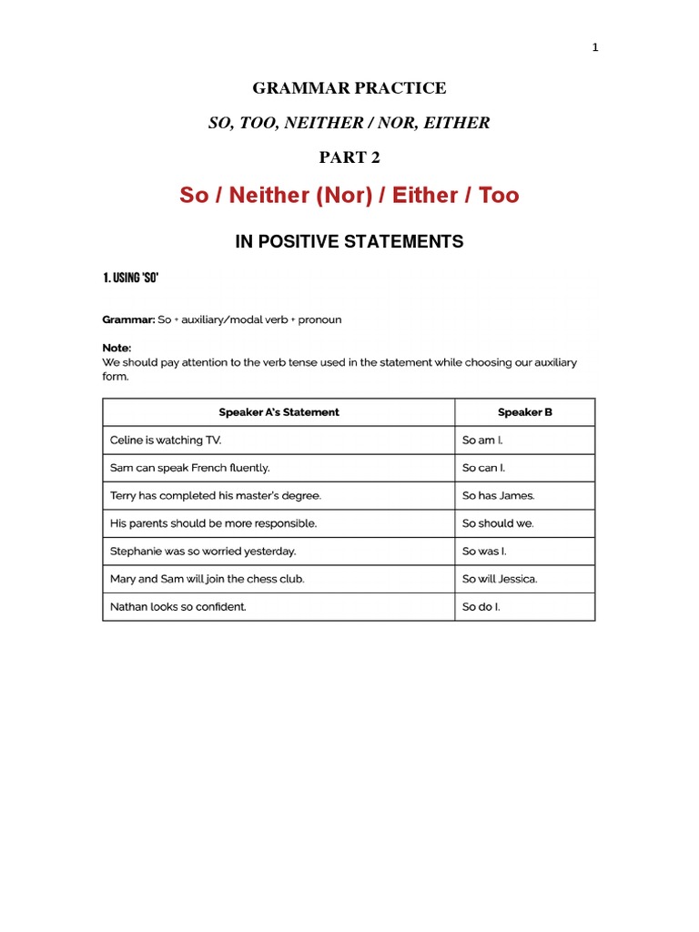 Grammar Practices - Too - Neither - Nor - Either - 2 - Key | PDF