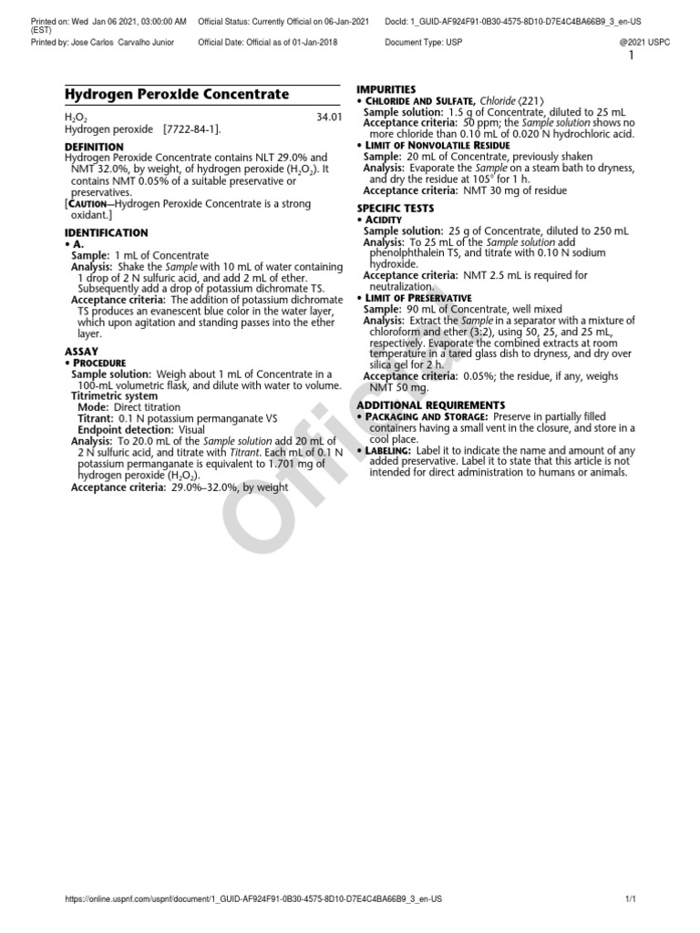 Peróxido de Hidrogênio USP 43 | PDF | Titration | Chemistry