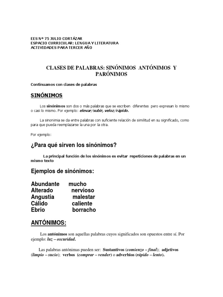 Actividades para Tercer Año Sinónimos Antonimos y Parónimos | PDF ...