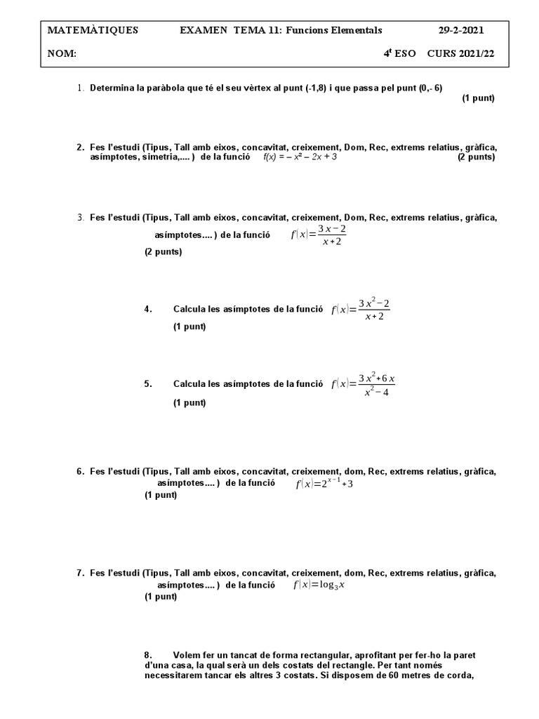 Examen Mostra T11 Funcions Elementals | PDF