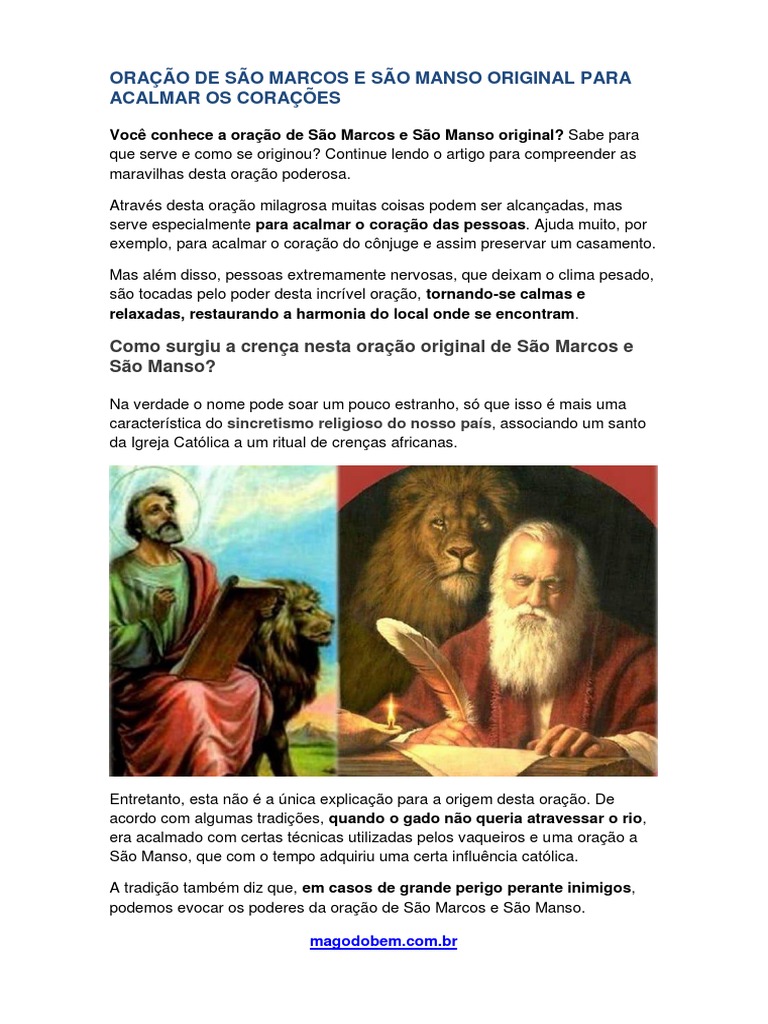 Oração De São Marcos E São Manso Original Pdf Oração Jesus