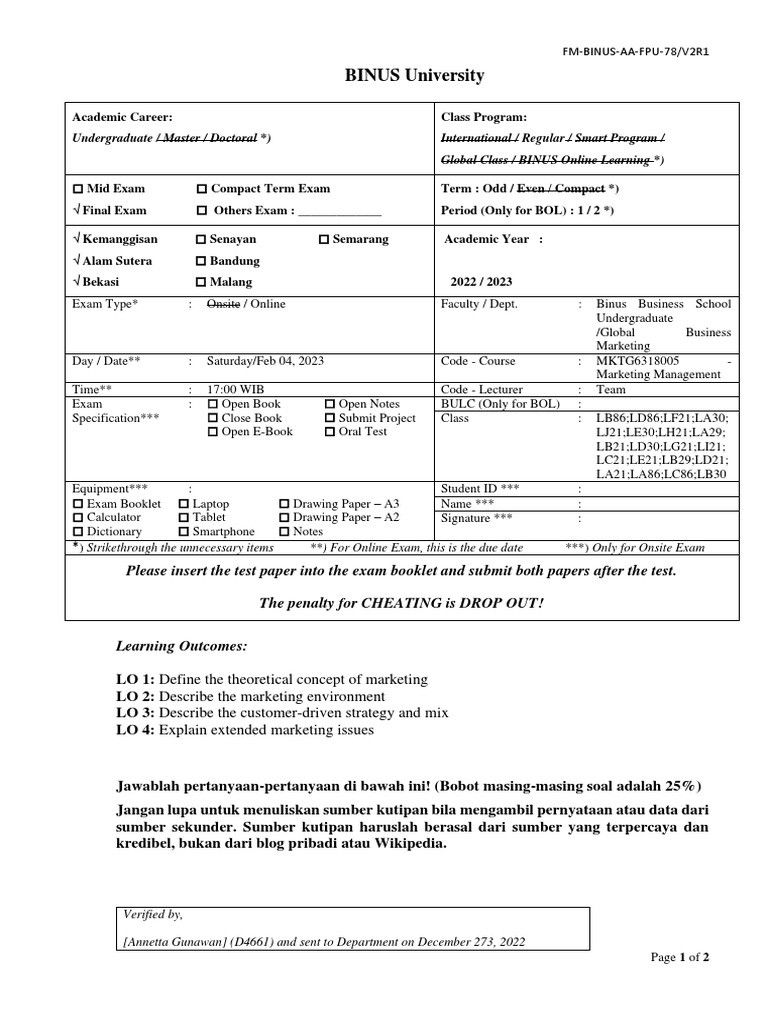 FM-BINUS-AA-FPU-78/V2R1 Marketing Exam | PDF | Computing | Marketing