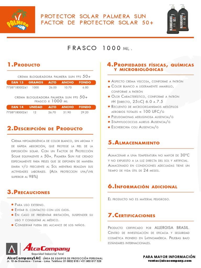 Protector solar Palmera Sun factor 50+: Composición, propiedades, aplicaciones y certificaciones ...