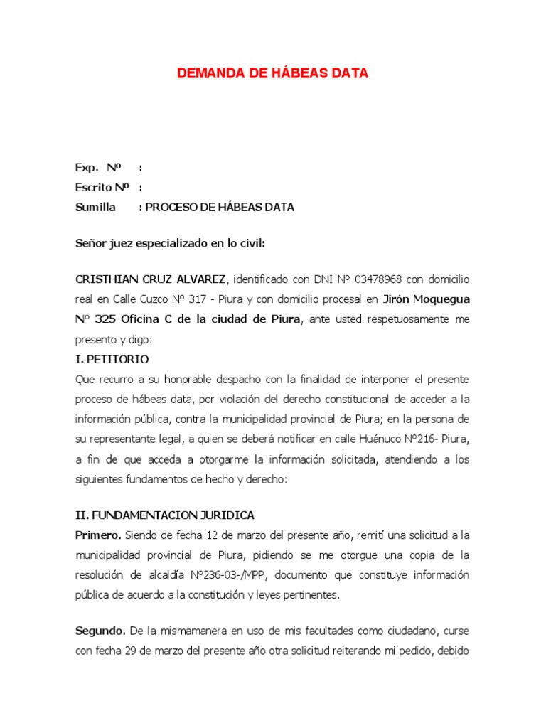 Modelo de Habeas Data | Descargar gratis PDF | Principios éticos | Gobierno