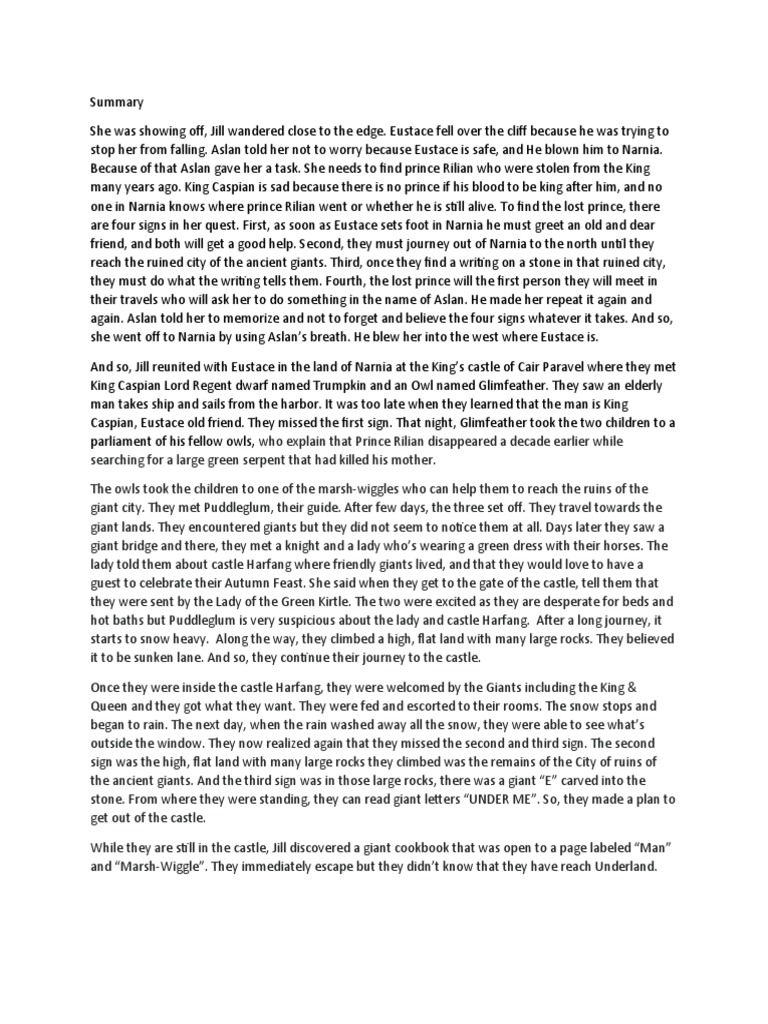 Summary of Silver Chair | PDF | The Chronicles Of Narnia | Aslan