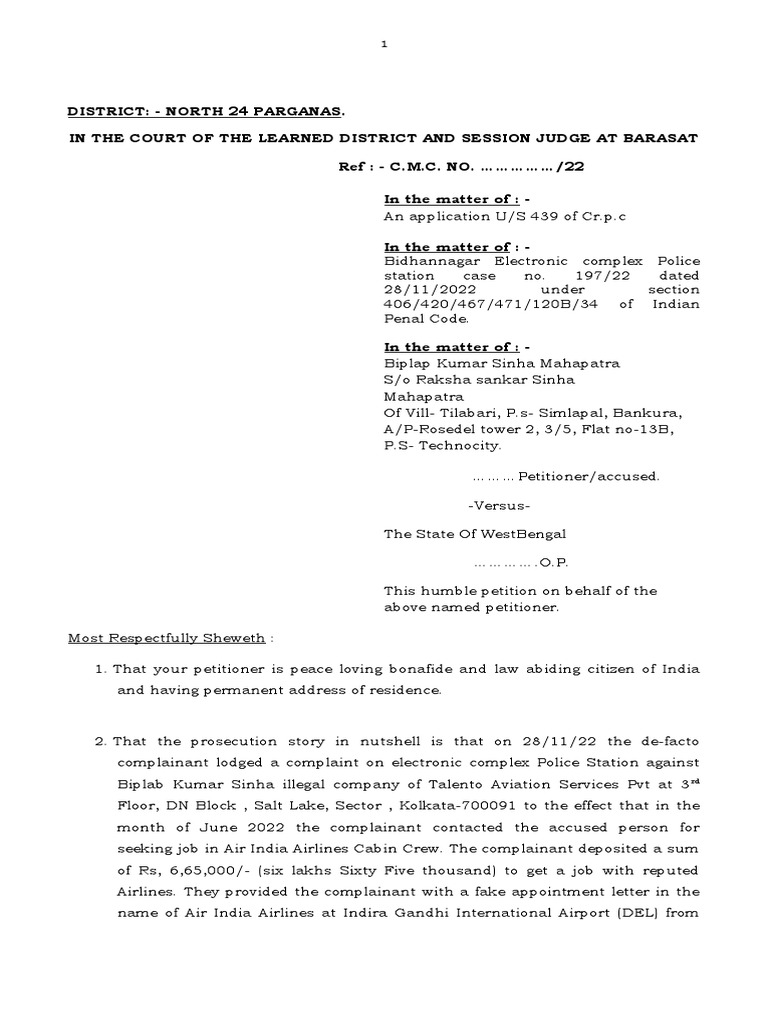 Bidhannagar Court Bail Application | PDF | Bail | Crime & Violence